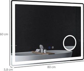 kleankin LED koupelnové zrcadlo Koupelnové zrcadlo s 3x zvětšením a dotykovou funkcí, 80x60 cm, 3 barvy světla, bez mlhy| Aosom