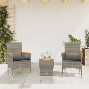 3dílný bistro set s poduškami šedý polyratan a sklo 3278746
