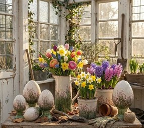 Béžové antik keramické vajíčko s květy Rustic Flower XL - Ø 17*28 cm