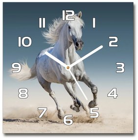 Wallmuralia Skleněné hodiny čtverec Bílý kůň ve cvalu 30x30 cm