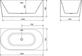 Mexen Mia, volně stojící rohová vana, pravá, 150 x 75 cm, bílá, broušený grafit přepad, 52691507500P-95