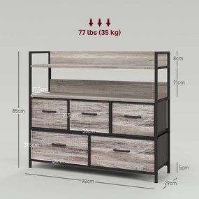 HOMCOM Komoda se 5 textilními zásuvkami, úložná skříň, prádelník se 2 policemi, ocelová konstrukce, industriální design pro obývací pokoj, ložnici - …