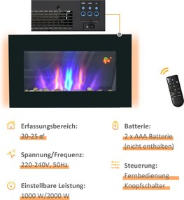 HOMCOM Elektrický krb s LED efektem plamene,1000/2000W, nástěnný krb v 7 barvách, elektrický krb s dálkovým ovládáním, nástěnný, černý | Aosom