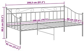 vidaXL Marketos Rám postele/pohovky šedý kovový 90 x 200 cm