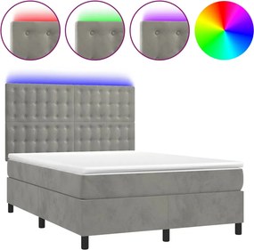 Box spring postel s matrací a LED světle šedá 140x190 cm samet 3136359