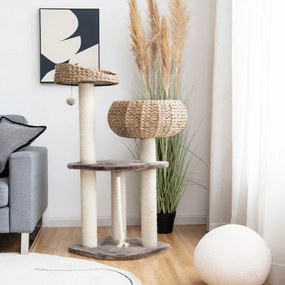 Costway Dřevěný kočičí strom 104 cm s lůžky a hračkou, míčem a provazem