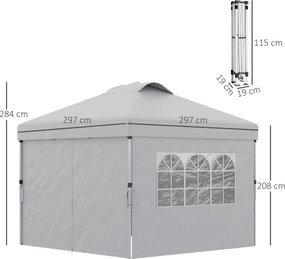 Outsunny Skládací Zahradní Gazebo Pop-up Recepční Stan 3x3 s Nastavitelnou Výškou, Bočními Stěnami, Ventilací, Okny a Taškou na Kolech z Oxfordské Tka