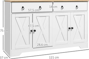 HOMCOM Úložný kabinet do kuchyně v venkovském stylu s 2 zásuvkami a 2 skříňkami s nastavitelnými policemi - rozměry 121D x 37Š x 75V cm bílý