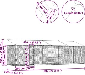 Psí klec s střechou Stříbrná 800 x 200 x 256 cm Ocel a PE 3368303