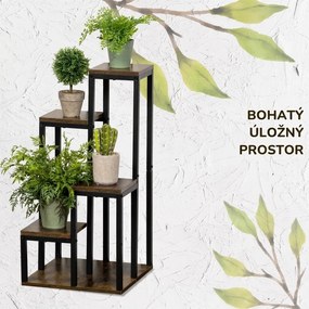 Stojan na květiny 4-patrový kovový, tmavé dřevo 845-763V00RB