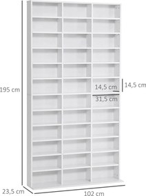 HOMCOM Police na CD/DVD - Úložný Skříň pro 1116 CD, 36 výškově nastavitelných kompartimentů, 195 x 102 x 23,5 cm, Bílá | Aosom