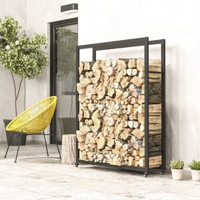 Krbové dřevo Outsunny 120 x 32 x 151 cm s kolečky, úložiště dřeva pro vnitřní a venkovní použití, kovové, černé