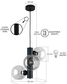 Lustr na lanku TUBE 3xE27/60W/230V černá/čirá