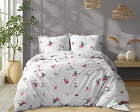Detexpol Bavlněné ložní prádlo 160x200 bílé s růžovými květy a zelenými listy – 5769 A – Cotton Bloom