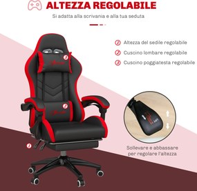 Ergonomická herní židle Vinsetto z PU kůže a oceli s opěrkou hlavy a nastavitelnou výškou, sklápěcí opěrkou a bederním polštářem, 65x65x121-129 cm, č…