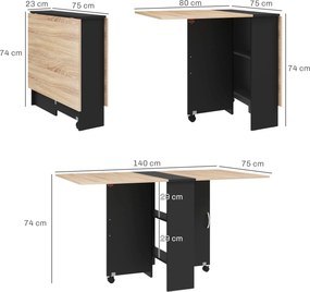 HOMCOM Skládací jídelní stůl s kolečky a skládacími křídly a policemi pro 4-6 osob 75x140x73 cm Přírodní a černá