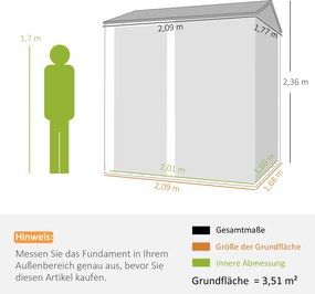 Outsunny kovový zahradní domek na nářadí 3,5 m² – vysoký uzamykatelný zahradní domek se štítnou střechou, větráním a rukavicemi v balení, 209 x 177 x…