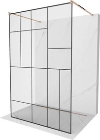 Mexen Kioto, průchozí sprchová zástěna 140 x 200 cm, 8mm sklo čiré/černý vzor, 2x růžové zlato stabilizační rozpěra, 800-140-002-60-78