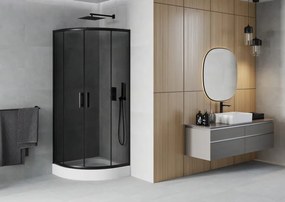 Mexen Rio, čtvrtkruhový sprchový kout s posuvnými dveřmi 80 (dveře) x 80 (dveře) x 190 cm, 5mm šedé sklo, černý profil + bílá sprchová vanička RIO, 863-080-080-70-40-4710