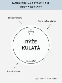 RÝŽE KULATÁ – bílá samolepka na dózu, tučné písmo, 5 cm | DomaLEP