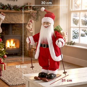HOMCOM Zpívající lyžařský Santa Claus, 66 cm, stojící animovaná vánoční postava se lyžemi, pytlem s dárky a aktivací zvukem / dotykem