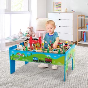 Costway Dřevěný železniční stůl 80dílná herní sada s oboustrannou