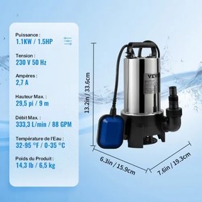 ponorné vodní čerpadlo, 1100 W 20000 L/H, s 10 m