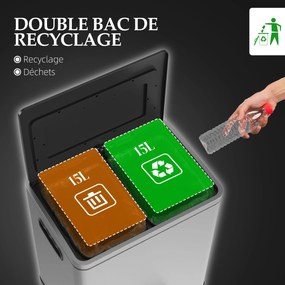 HOMCOM 40L x 34.8Š x 47.5V cm Stříbrný Pedálový Koš na Odpadky s 2 Kompartmenty, Nerezová Ocel s Tichým Víkem, Odnímatelné Vnitřní Kbelíky