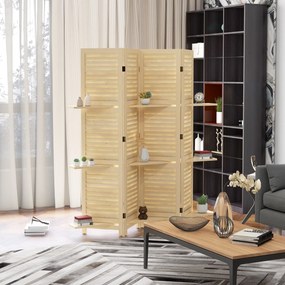 HOMCOM Příčka do interiéru 4 panely 160D x 170V cm 3 skládací police s žaluzkovými dveřmi z přirozeného paulovního dřeva