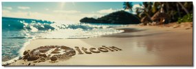 Obraz na plátně - Bitcoin Logo na pláži FeelHappy.cz Velikost obrazu: 210 x 70 cm