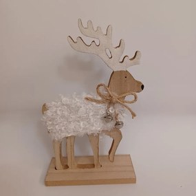 Dřevěná vánoční dekorace na stůl jelen s rolničkami, 12,5 × 20,5 cm, bílá, stojící