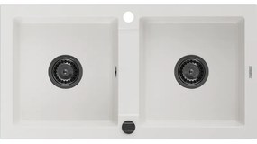 Mexen Mario, granitový dřez 820x436x161 mm, 2-komorový, bílá s černým sifonem, 6504822000-20-B