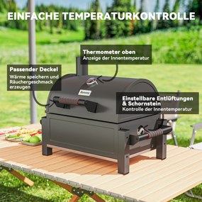 Gril na dřevěné uhlí Outsunny s víkem, pro 3-6 osob, s větracím otvorem, rukojetí, teploměrem, žáruvzdorný, 68,5 x 50 x 54 cm, černý | Aosom