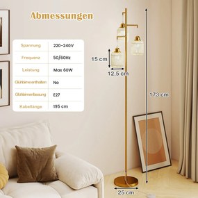 Costway Stojací lampa 173 cm lampa na čtení s 3 E27 zásuvkami a nožním spínačem