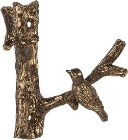 Zlatý antik nástěnný kovový věšák s ptáčkem - 9*5*9 cm