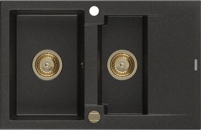 Mexen Gaspar, granitový dřez 737x475x177 mm, 1,5-komorový, černá-zlatá metalíza se zlatým sifonem, 6507731505-75-G