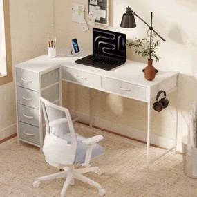 HOMCOM oboustranný rohový stůl se 6 zásuvkami 126x48 cm s napájecím připojením Puerto de Carga USB a USB-C, bílý