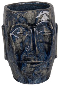 Modrý keramický obal na květináč/ váza s obličejem Blue Dotty M – 13x15x17 cm