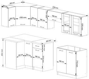 Rohová kuchyňská linka OLIVIA 3 m s vitrínou beton