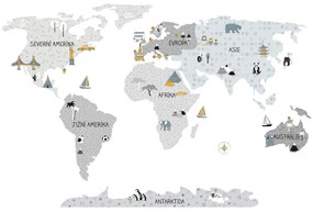 Pastelowe Love Dětské nástěnné samolepky MAPA SVĚTA šedé Zvolte rozměr: S, Zvolte jazyk: Český