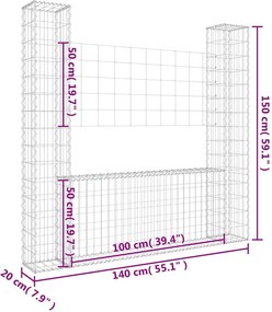 Gabionový koš ve tvaru U se 2 sloupky železo 140 x 20 x 150 cm 151282