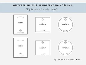 ADŽIKA - omyvatelná samolepka na kořenky, výběr rozměrů Ø 5 cm / 5 x 5 cm / 6 x 8 cm | DomaLEP tvar: ČTVEREC, barva: BÍLÁ - ČERNÉ písmo, velikost: š. 5 cm x v. 5 cm - tučné písmo