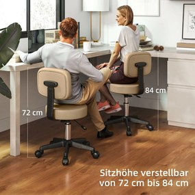 HOMCOM Výškově nastavitelná pojízdná stolička se zády 72-84 cm vysoká, 360° otočná pracovní stolička pro kancelář, salon, světle hnědá