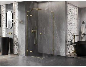 Mexen Lunar, L sklápěcí sprchový kout levý 80 x 80 cm, 8mm čiré sklo, zlatý kartáčovaný - 834L-080-080-55-00-L