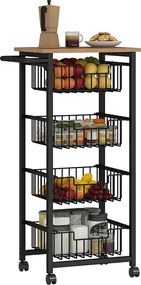 HOMCOM Kuchyňský vozík s pracovním stolem, 4 výsuvné ocelové koše, pojízdný vozík do kanceláře, 49,5 x 31 x 91 cm, Dub | Aosom