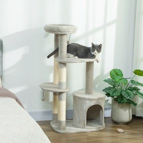 Škrabadlo pro kočky 114 cm s jeskyní, sisalové sloupky, plošina, víceúrovňové pro středně velké kočky do 6 kg, světle šedá barva