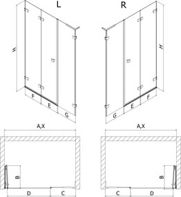 Mexen Lunar-F, L skládací levé sprchové dveře 130 cm, čiré sklo, zlatý profil, 836SL-130-050-50-00-L