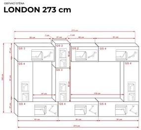 Ral Obývací stěna LONDON 2, 273 cm - Černo/bílý lesk