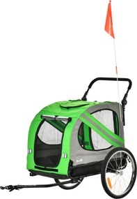 PawHut Závěsný vozík na kolo pro psy 2 v 1 s rolovacími dveřmi, bezpečnostním pásem, vlajkou a 6 odrazkami, nosnost 30 kg, 140x72,5x108 cm, zelený | A