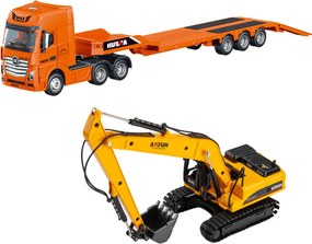 HUINA Nákladní auto s návěsem, odtahovka, bagr, kovové, Huina, oranžové, 1:50
